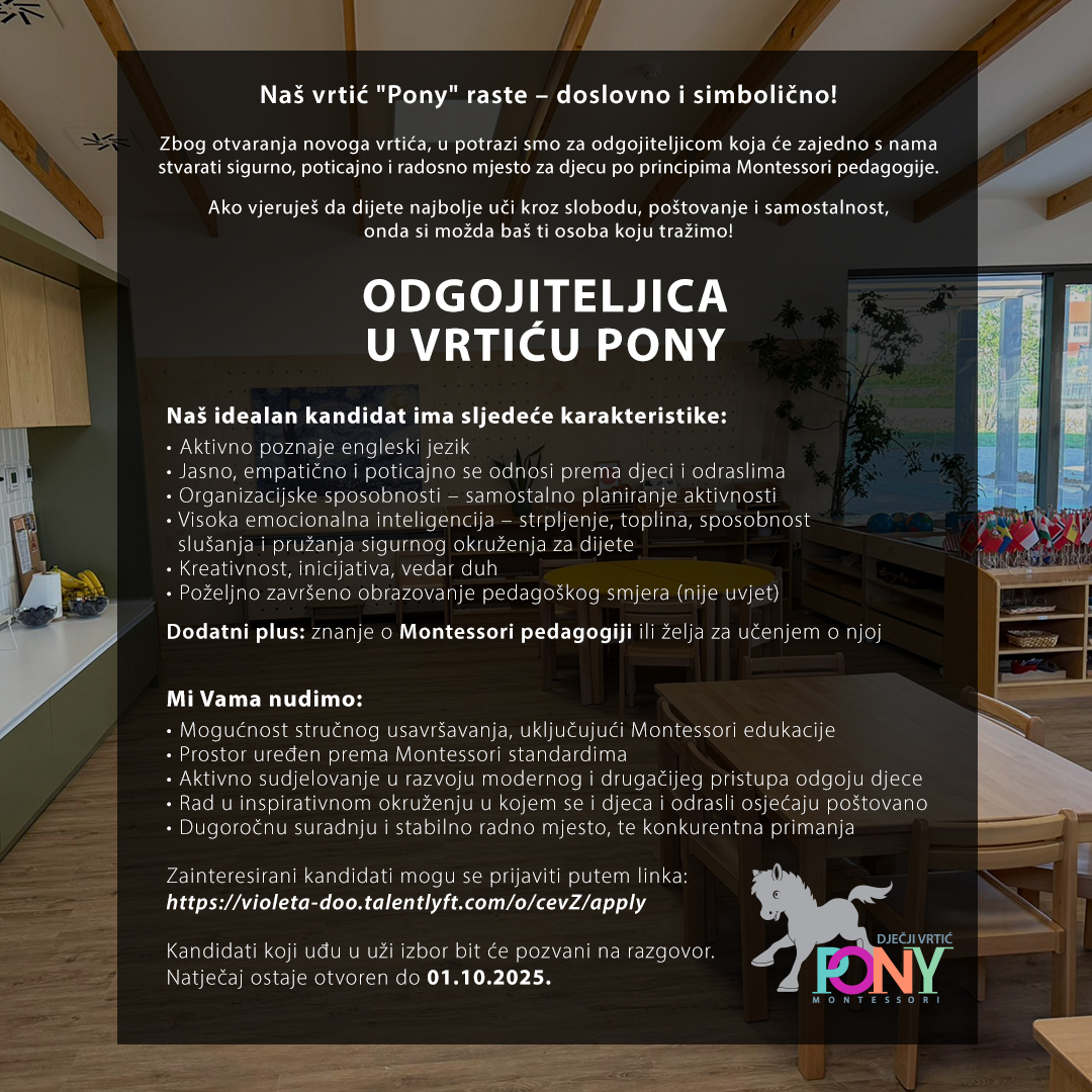 Dječji vrtić Pony raspisuje natječaj za odgojiteljicu - Jabuka.tv